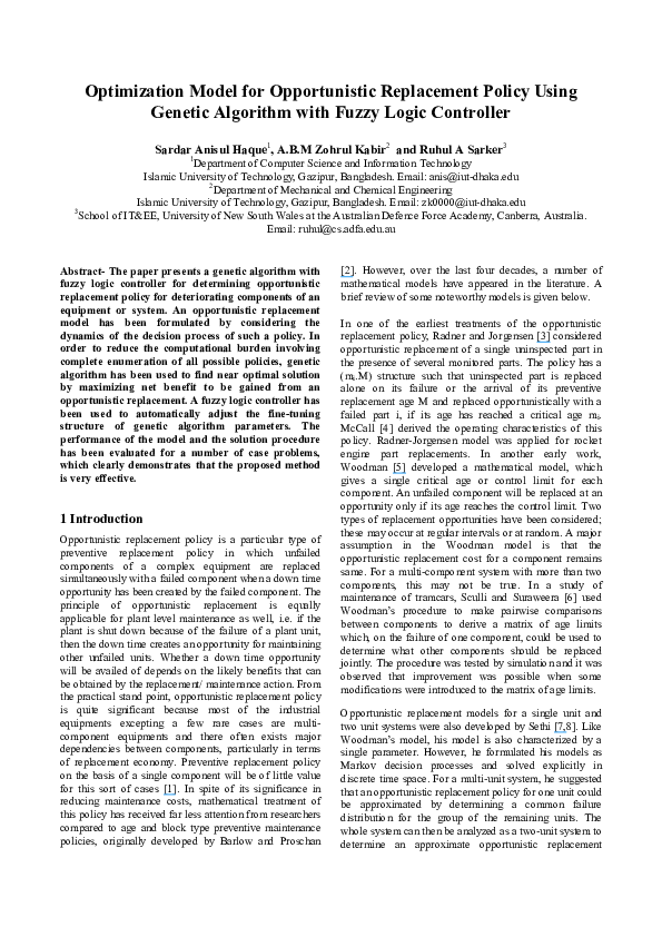Pdf Optimization Model For Opportunistic Replacement Policy Using Genetic Algorithm With Fuzzy