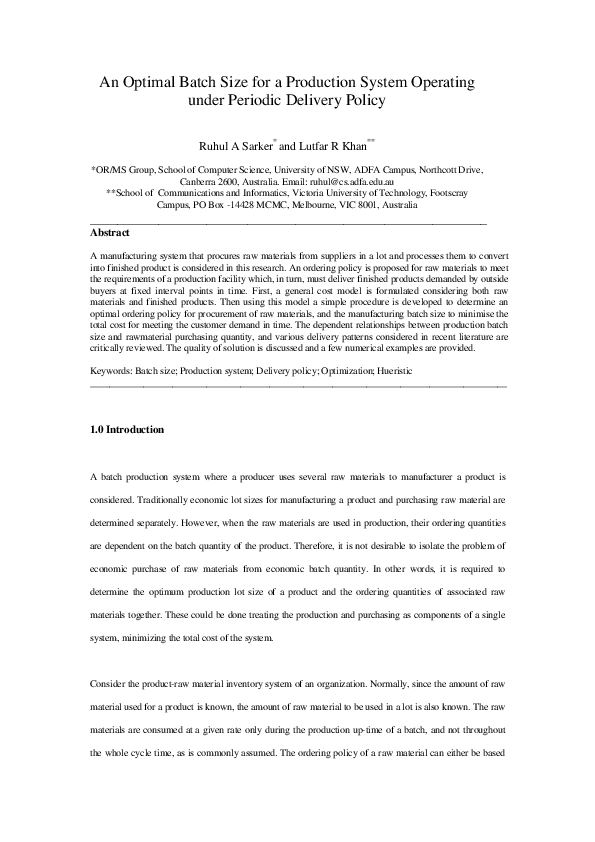 (PDF) An optimal batch size for a production system operating under periodic delivery policy