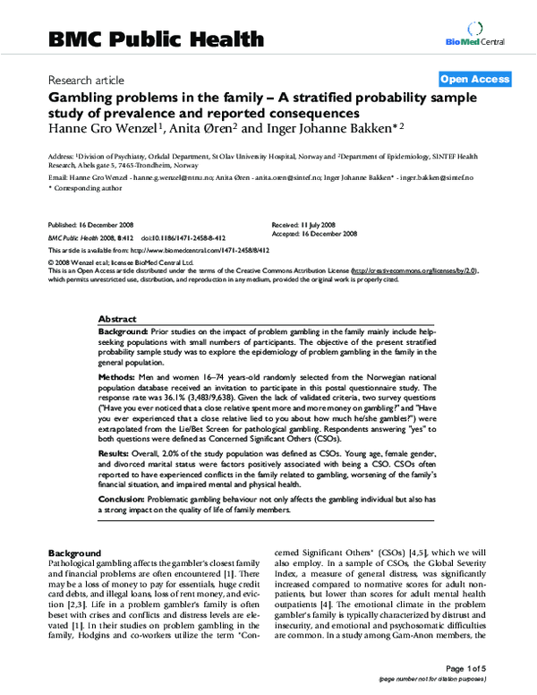 (PDF) Gambling problems in the family – A stratified probability sample ...