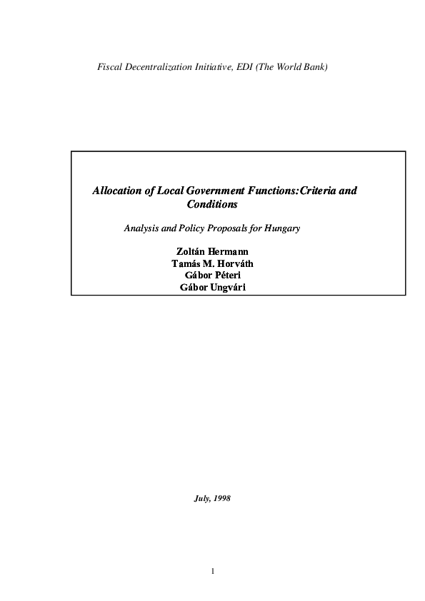 Allocation of Local Government Functions: Criteria and Conditions