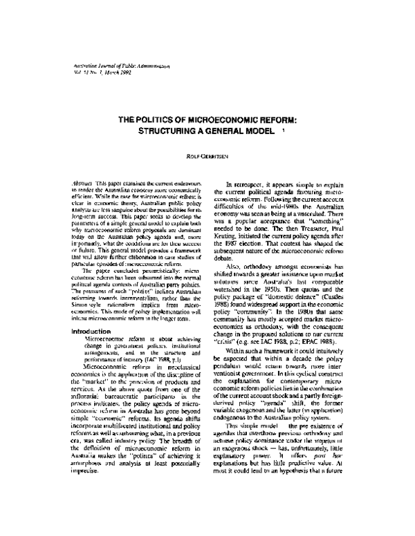 (PDF) THE POLITICS OF MICROECONOMIC REFORM: STRUCTURING A GENERAL MODEL 1