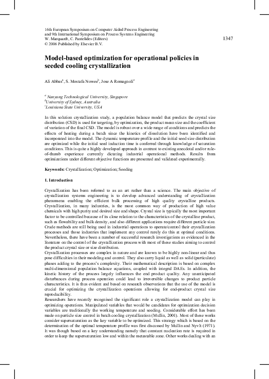 (PDF) Model-based optimization for operational policies in seeded cooling crystallization