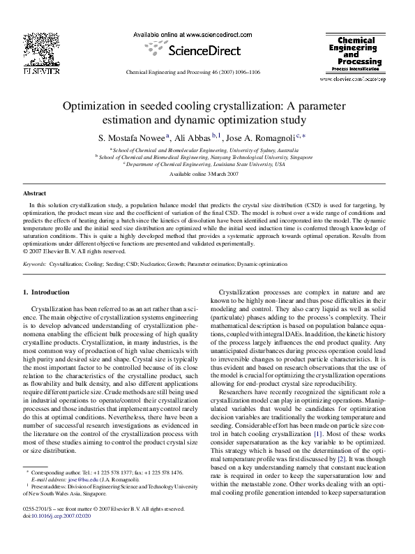 (PDF) Optimization in seeded cooling crystallization: A parameter estimation and dynamic ...