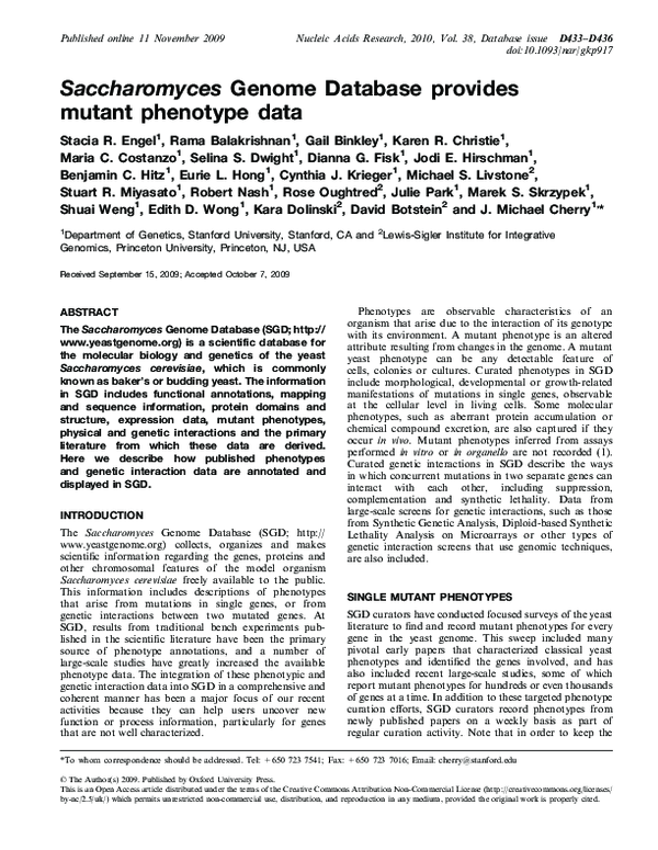 (PDF) Saccharomyces Genome Database provides mutant phenotype data