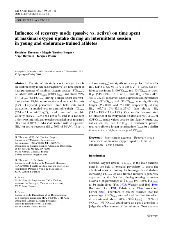(PDF) Influence of recovery mode (passive vs. active) on time spent at ...
