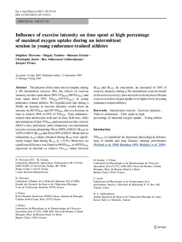 (PDF) Influence of exercise intensity on time spent at high percentage ...