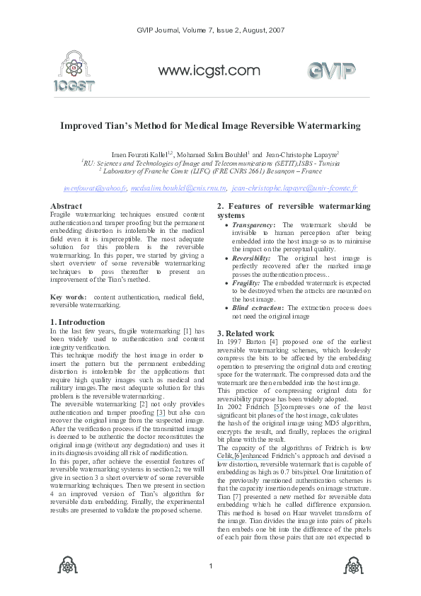 (PDF) Enhanced Tian's Method for Medical Watermarking