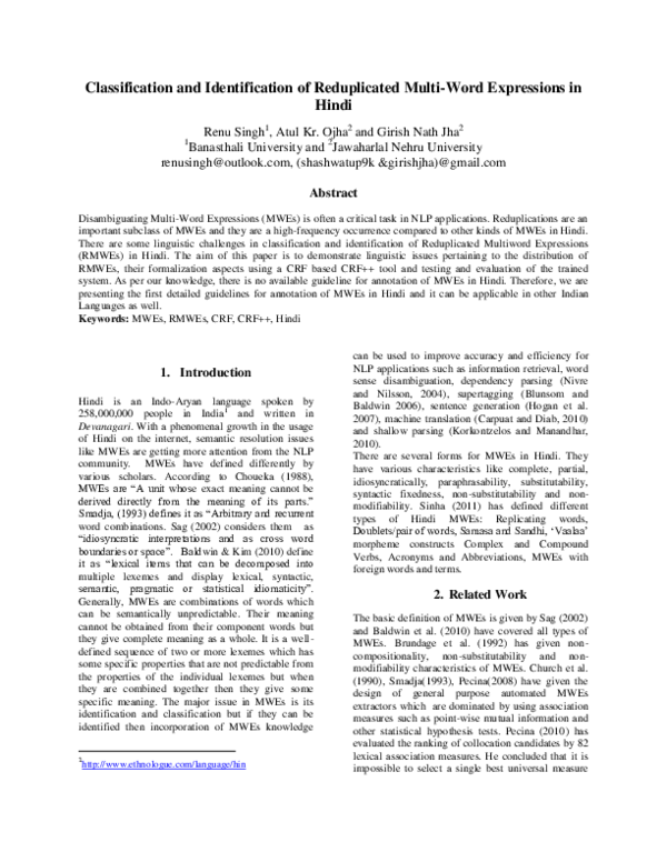 Pdf Identifying Reduplicated Multi Word Expressions In Hindi