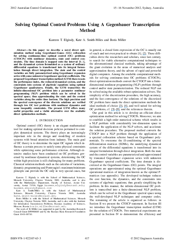 (PDF) Solving Optimal Control Problems Using A Gegenbauer Transcription Method