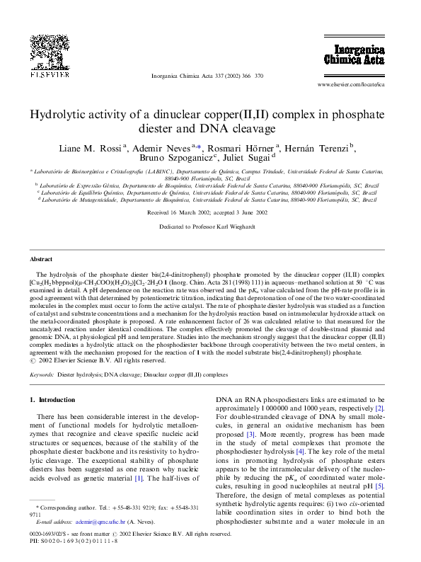 (PDF) Hydrolytic activity of a dinuclear copper(II,II) complex in phosphate diester and DNA cleavage