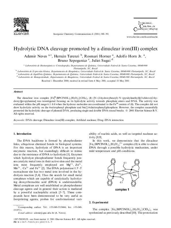 (PDF) Hydrolytic DNA cleavage promoted by a dinuclear iron(III) complex