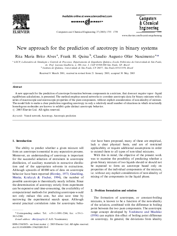 (PDF) New approach for the prediction of azeotropy in binary systems