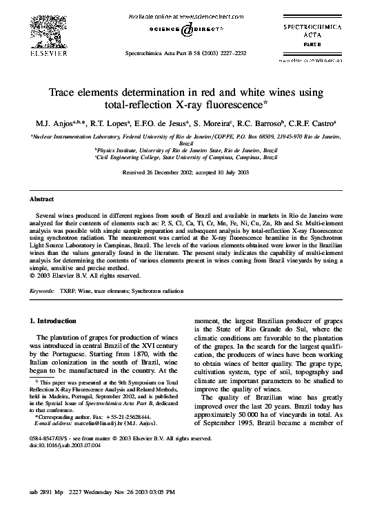 (PDF) Trace elements determination in red and white wines using total-reflection X-ray fluorescence