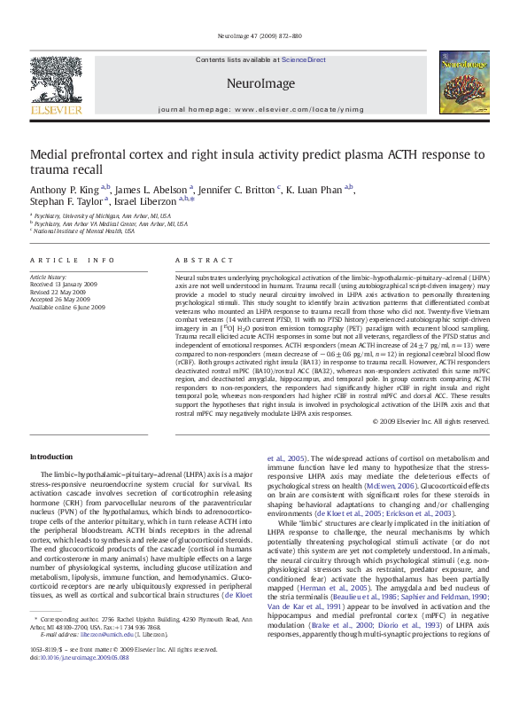 (PDF) Medial prefrontal cortex and right insula activity predict plasma ...