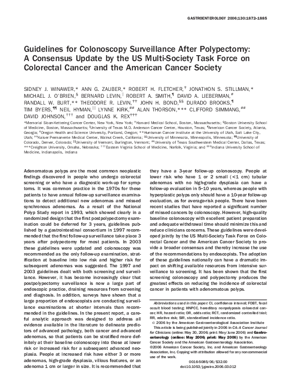 Pdf Guidelines For Colonoscopy Surveillance After Polypectomy A