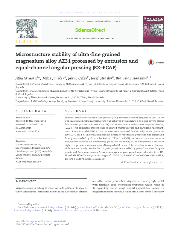 (PDF) Microstructure stability of ultra-fine grained magnesium alloy AZ31 processed by extrusion ...