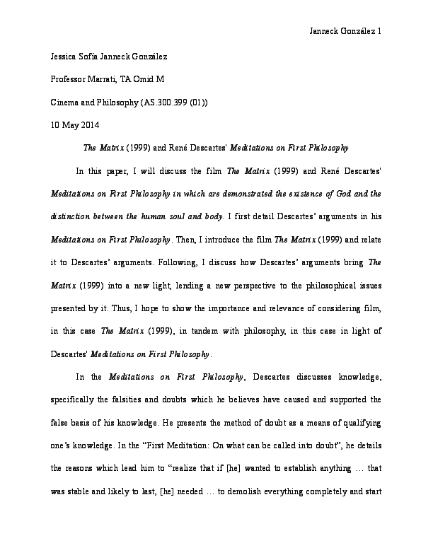 (PDF) The Matrix (1999) and René Descartes' Meditations on First Philosophy