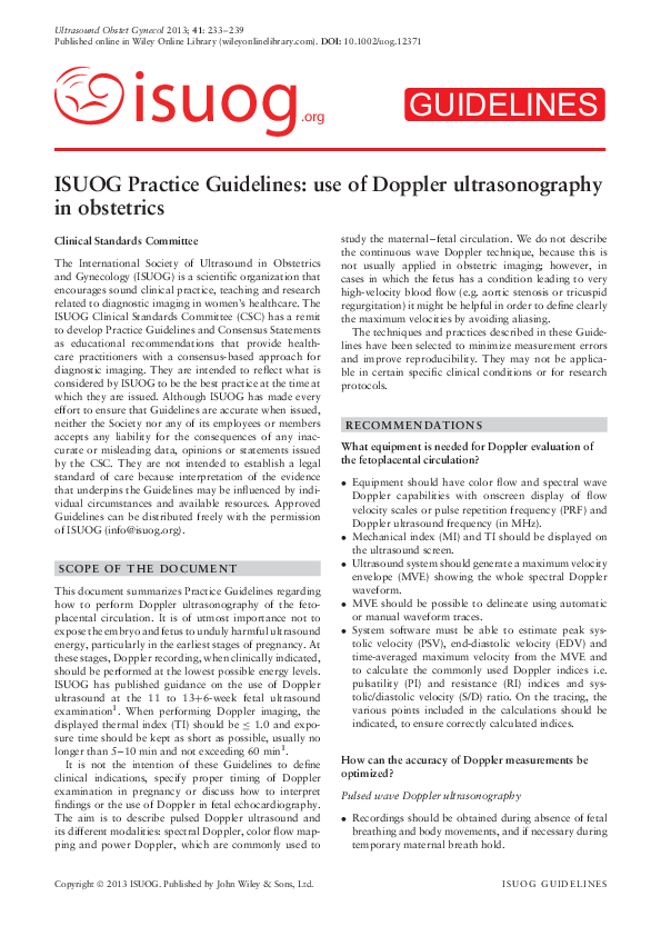(PDF) ISUOG Practice Guidelines: use of Doppler ultrasonography in ...