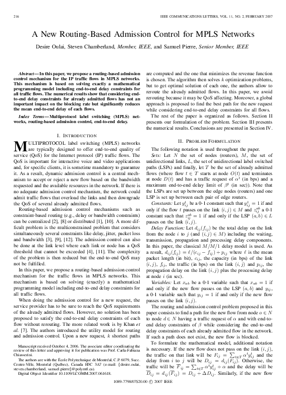(PDF) A New Routing-Based Admission Control for MPLS Networks