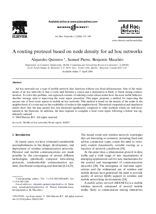 Pdf A Routing Protocol Based On Node Density For Ad Hoc Networks 5092