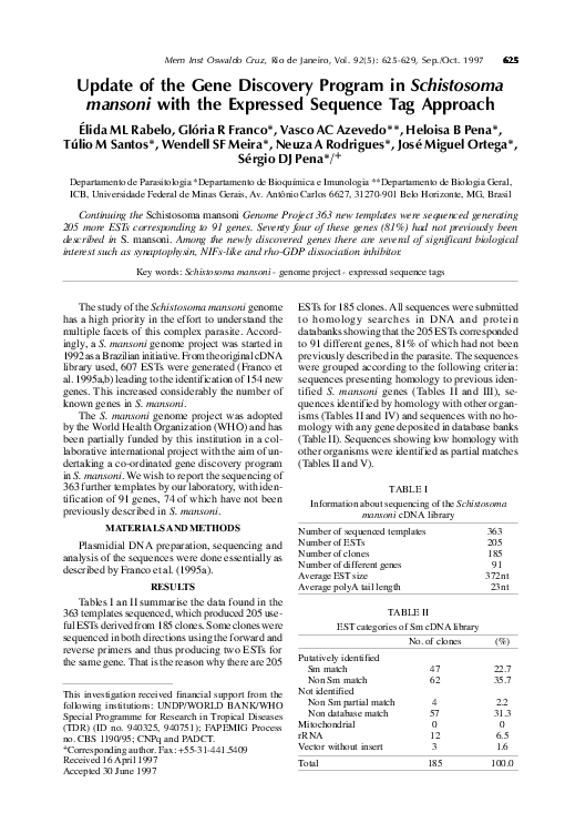 (PDF) Update of the Gene Discovery Program in Schistosoma mansoni with the Expressed Sequence ...