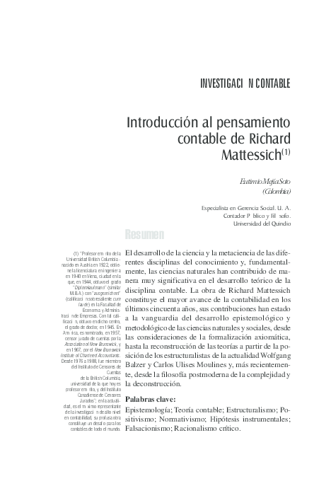 (PDF) Introducción al pensamiento contable de Richard Mattessich