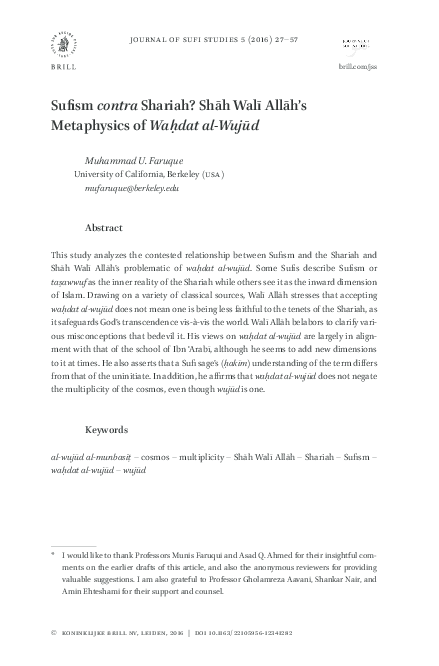 (PDF) “Sufism contra Shariah? Shāh Walī Allāh’s Metaphysics of Waḥdat ...