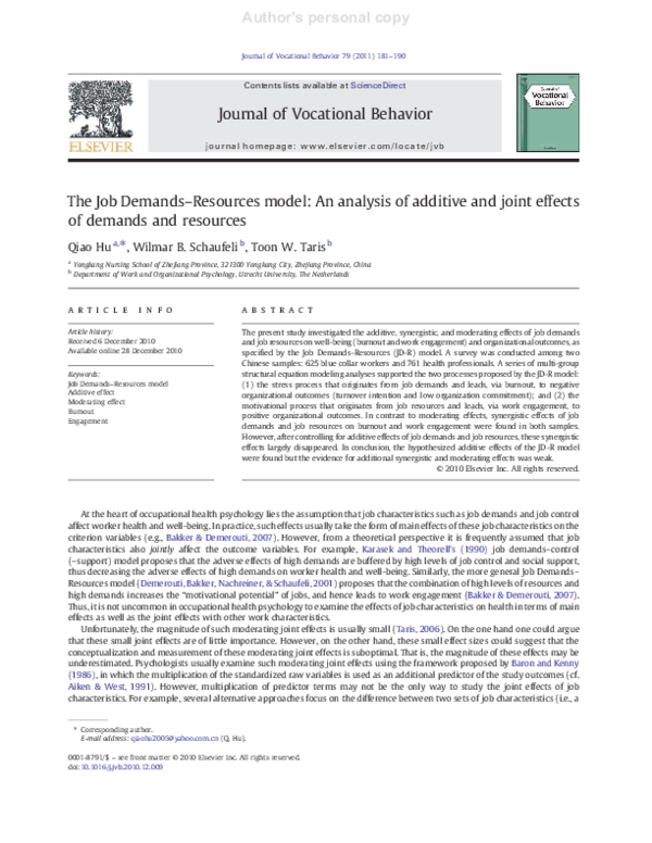 (PDF) The Job Demands–Resources model: An analysis of additive and ...