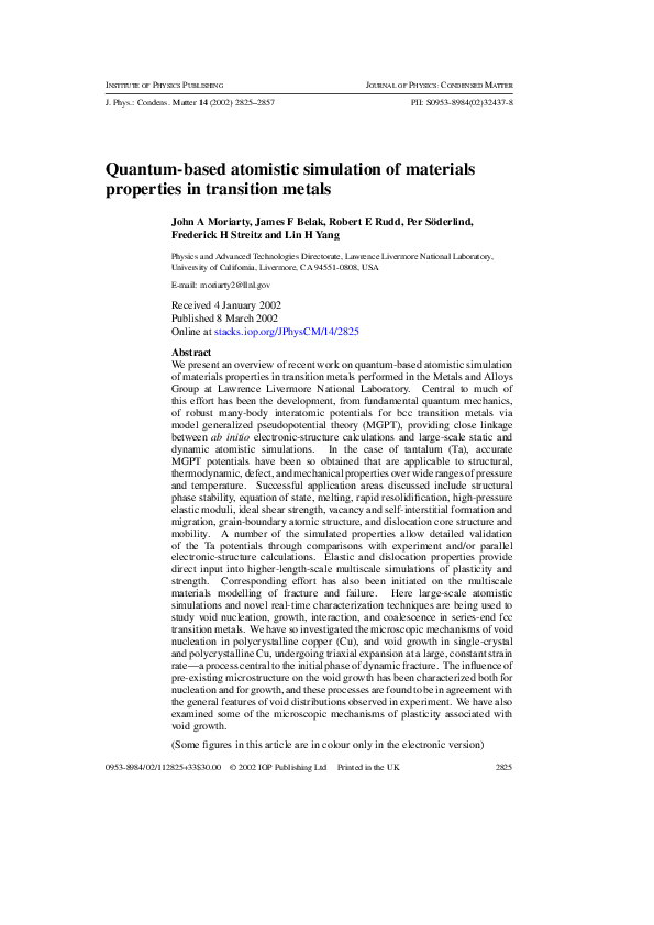 (PDF) Quantum-based atomistic simulation of materials properties in ...