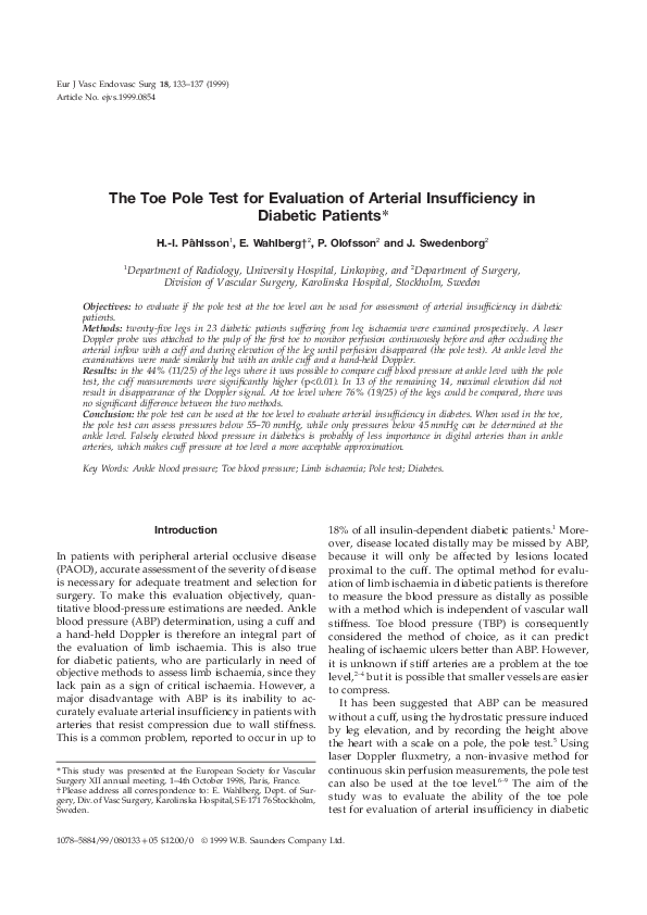 (PDF) The Toe Pole Test for Evaluation of Arterial Insufficiency in ...