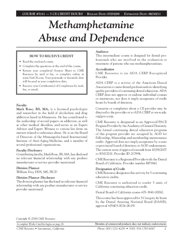 (PDF) Management of methamphetamine abuse and dependence