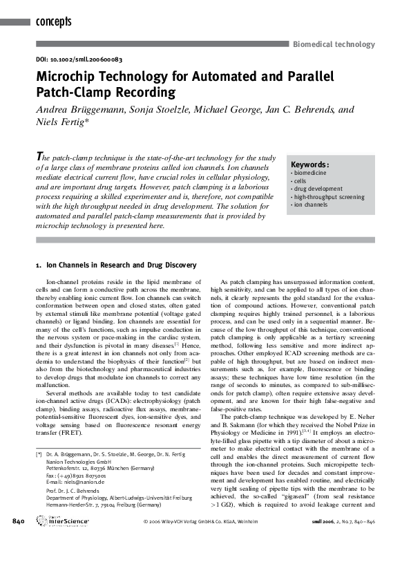 (PDF) Microchip Technology for Automated and Parallel Patch-Clamp Recording
