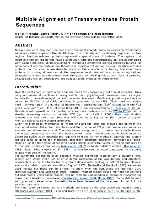 (PDF) Multiple alignment of transmembrane protein sequences
