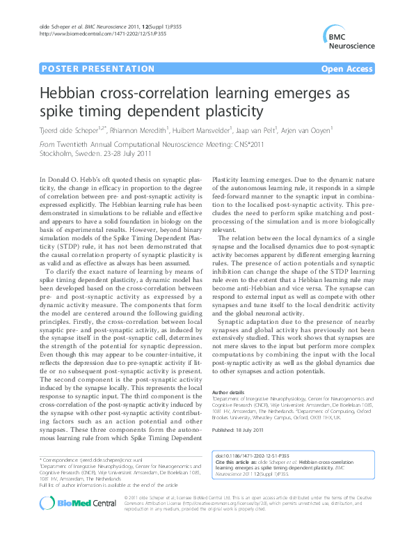(PDF) Hebbian cross-correlation learning emerges as spike timing dependent plasticity