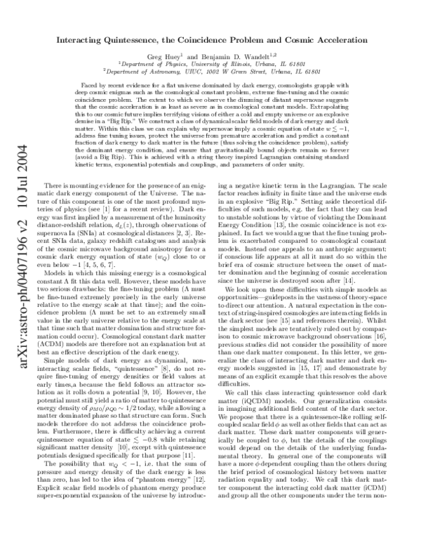 (PDF) Interacting quintessence, the coincidence problem, and cosmic ...