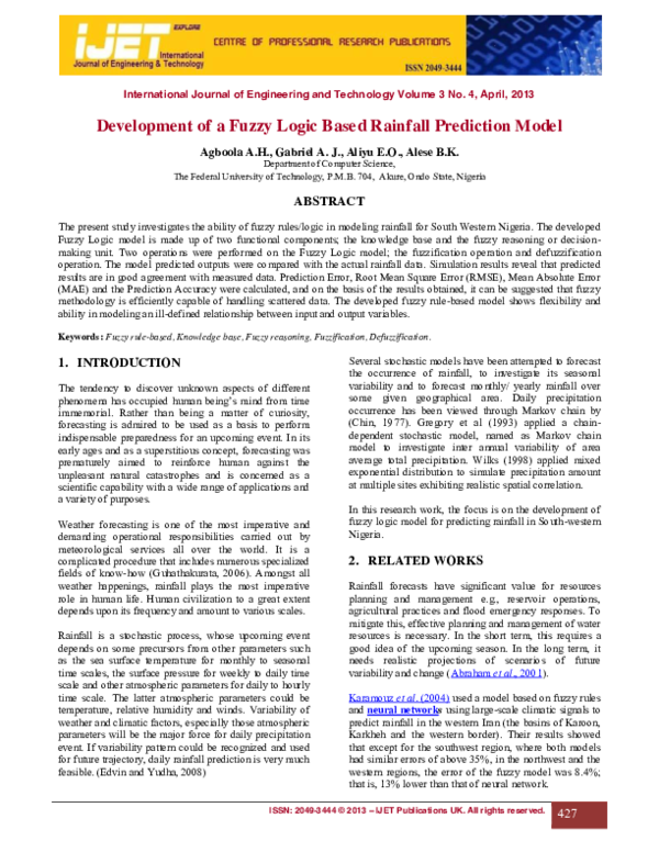 (PDF) Development of a Fuzzy Logic Based Rainfall Prediction Model