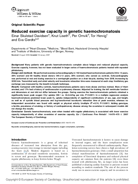 (PDF) Reduced exercise capacity in genetic haemochromatosis | Eva ...