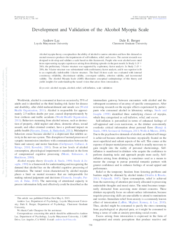 (PDF) Development and validation of the Alcohol Myopia Scale