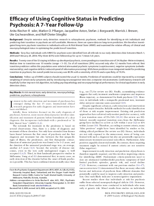 (PDF) Efficacy of using cognitive status in predicting psychosis: a 7 ...