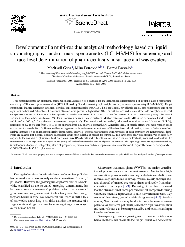 (PDF) Development of a multi-residue analytical methodology based on liquid chromatography ...