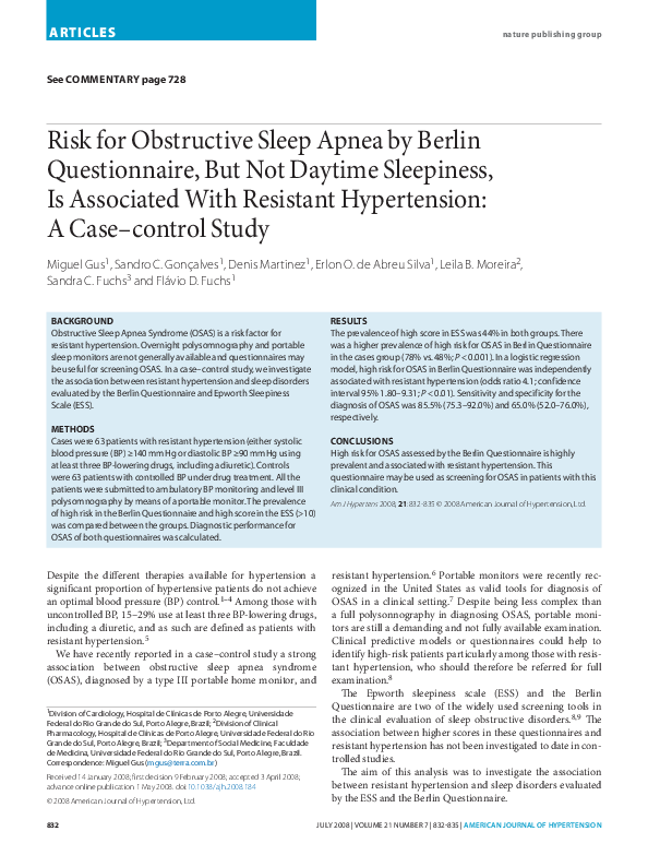 (PDF) Risk for Obstructive Sleep Apnea by Berlin Questionnaire, but not ...