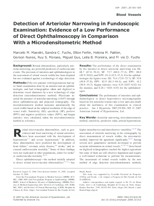 (PDF) Detection of arteriolar narrowing in fundoscopic examination ...