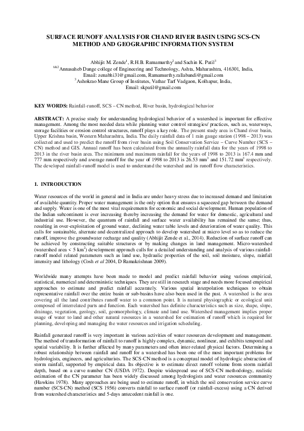(PDF) SURFACE RUNOFF ANALYSIS FOR CHAND RIVER BASIN USING SCS-CN METHOD ...