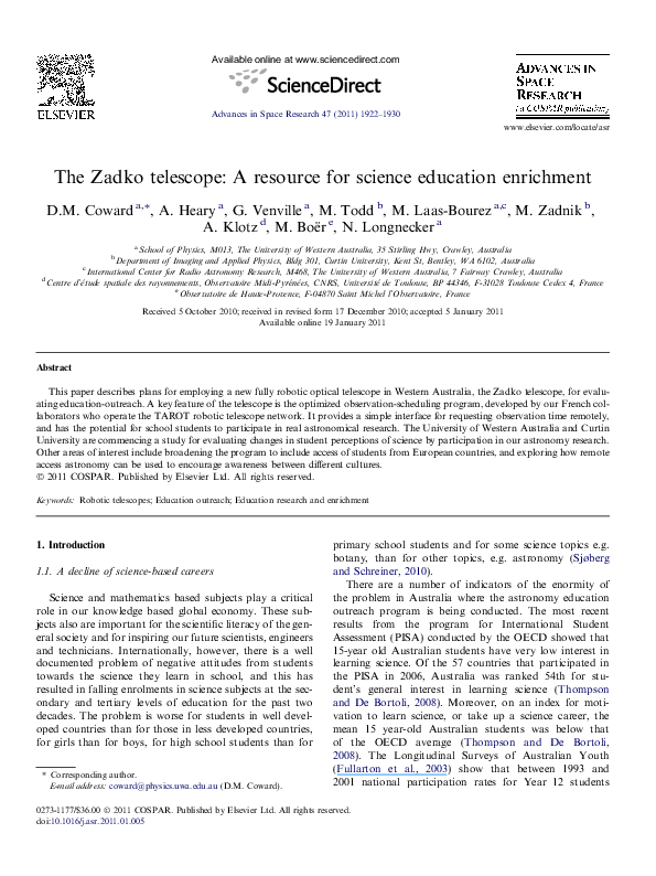 (PDF) The Zadko telescope: A resource for science education enrichment