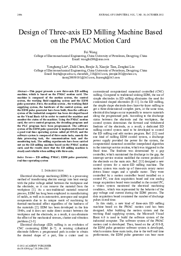 (PDF) Design of Three-axis ED Milling Machine Based on the PMAC Motion Card