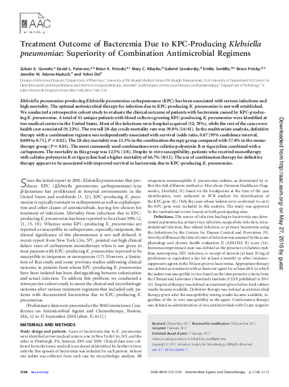 (PDF) Treatment Outcome of Bacteremia Due to KPC-Producing Klebsiella ...