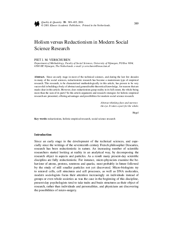 (PDF) Holism versus Reductionism in Modern Social Science Research