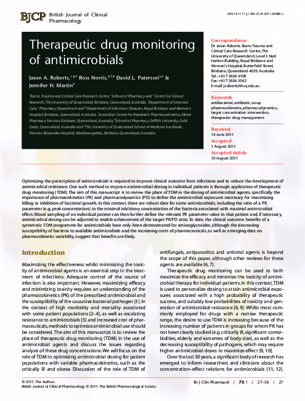 (PDF) Therapeutic drug monitoring of antimicrobials