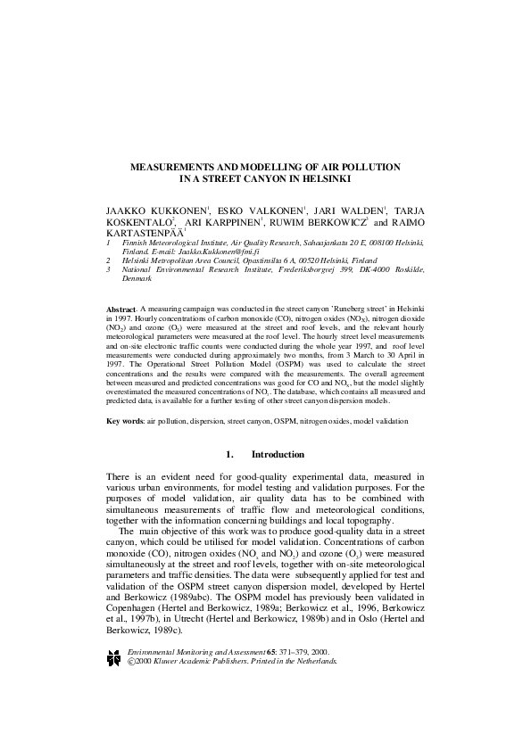 Pdf Measurements And Modelling Of Air Pollution In A Street Canyon In Helsinki Jari Walden