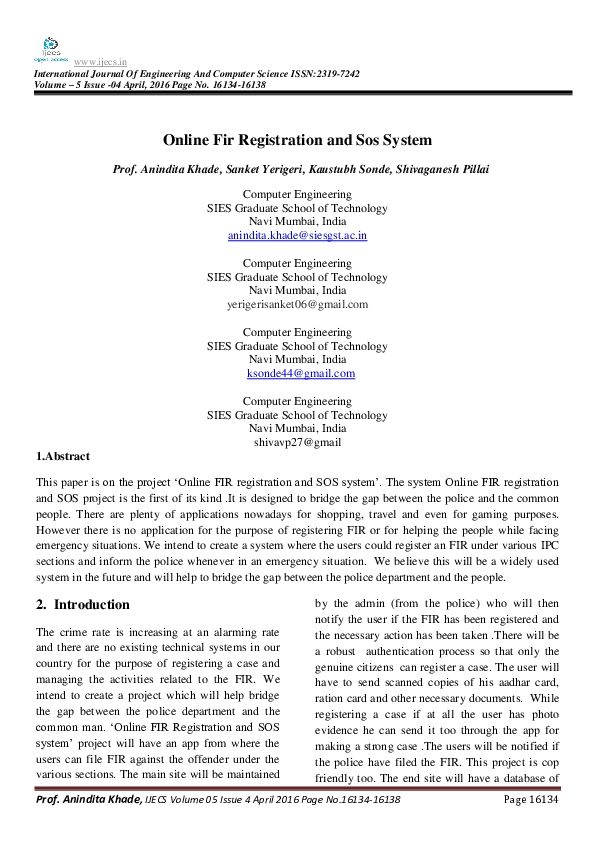 (PDF) Online Fir Registration and Sos System
